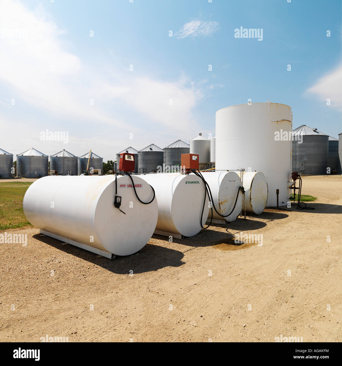 Fuel tanks labeled unleaded and ethanol and pumps Stock Photo - Alamy
