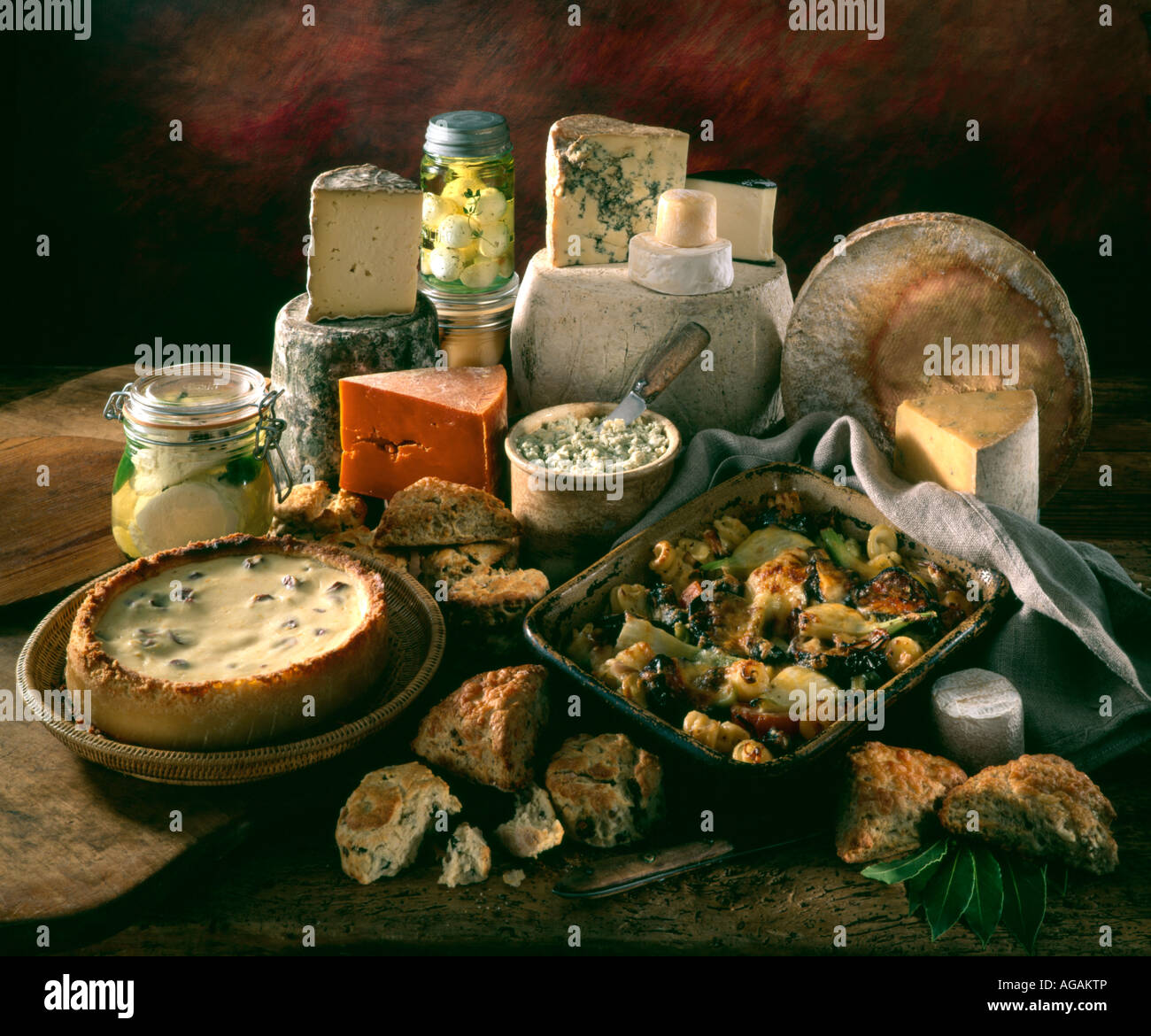 Still life of cheeses and cooked cheese dishes Stock Photo - Alamy