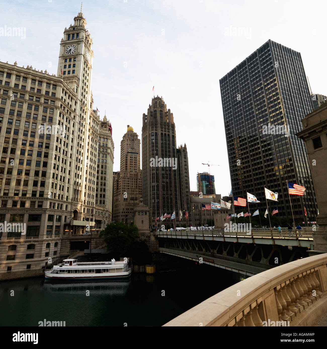 Chicago River scene with bridge and boat in Chicago Illinois Stock ...