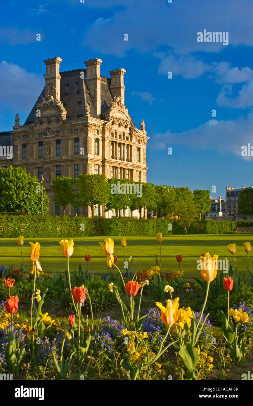 Paris France view of Louvre musem and flowers from Tuileries Gardens ...