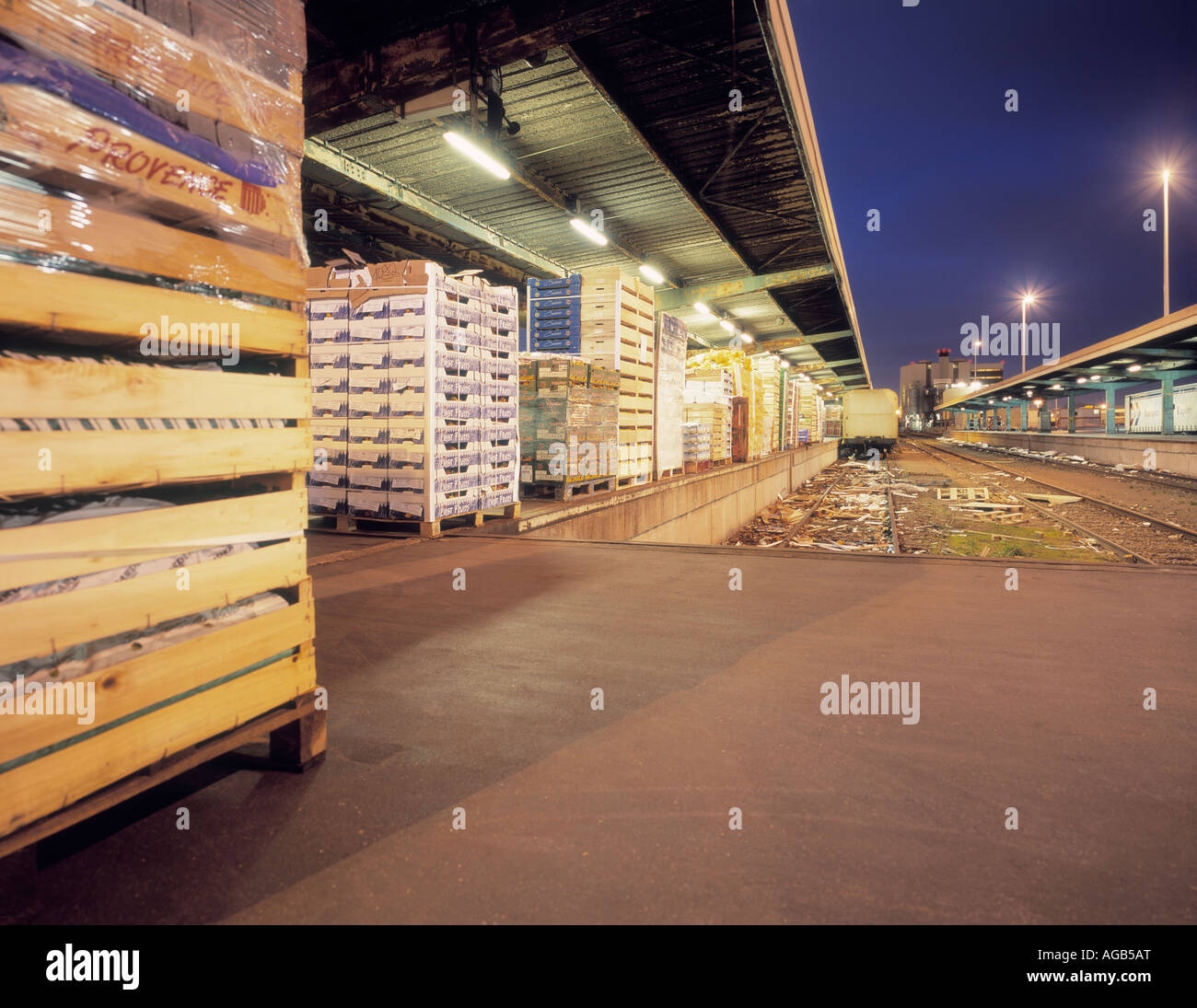 Pallets of fruits and vegetables ready for transport by rail Stock ...