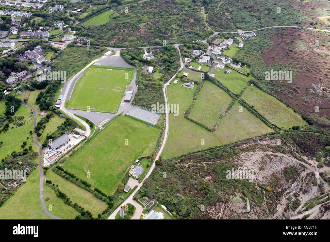 Aerial of St Agnes Sports Club and Polperro, St Agnes, Cornwall, UK ...