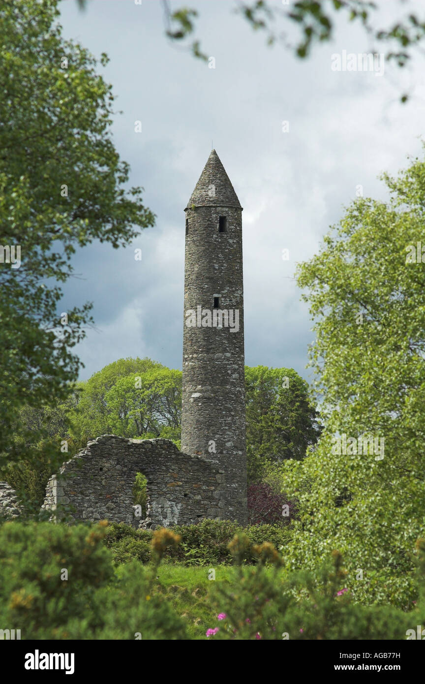 Round Tower at the 6th century monastery site in Glendalough, Wicklow ...