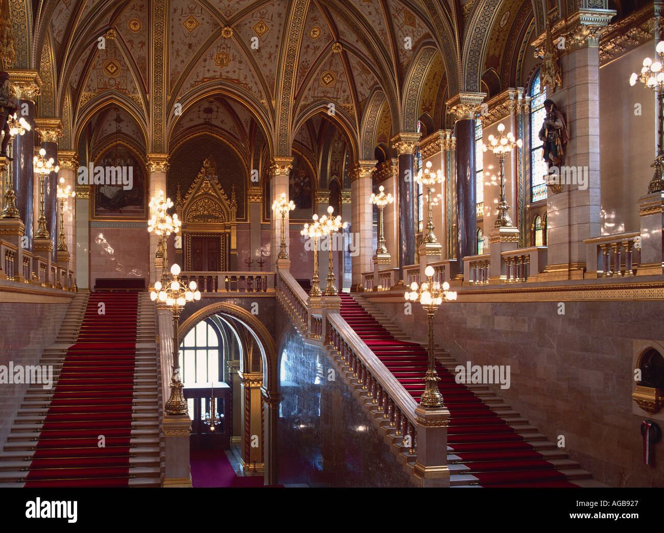 The neo Gothic Budapest Parliament Building incorporates a staircase a ...
