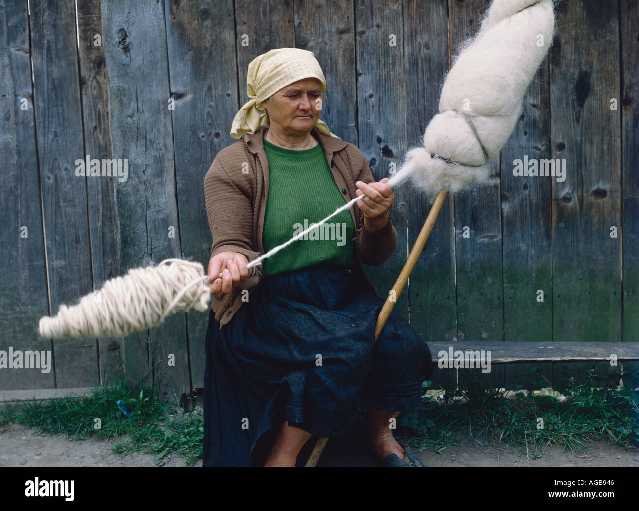 North Romania Maramores region local woman spinning wool by hand Stock ...