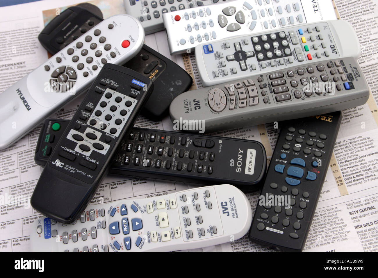 BUNCH OF REMOTE CONTROLS SITTING ON TELEVISION PROGRAMME HORIZONTAL ...