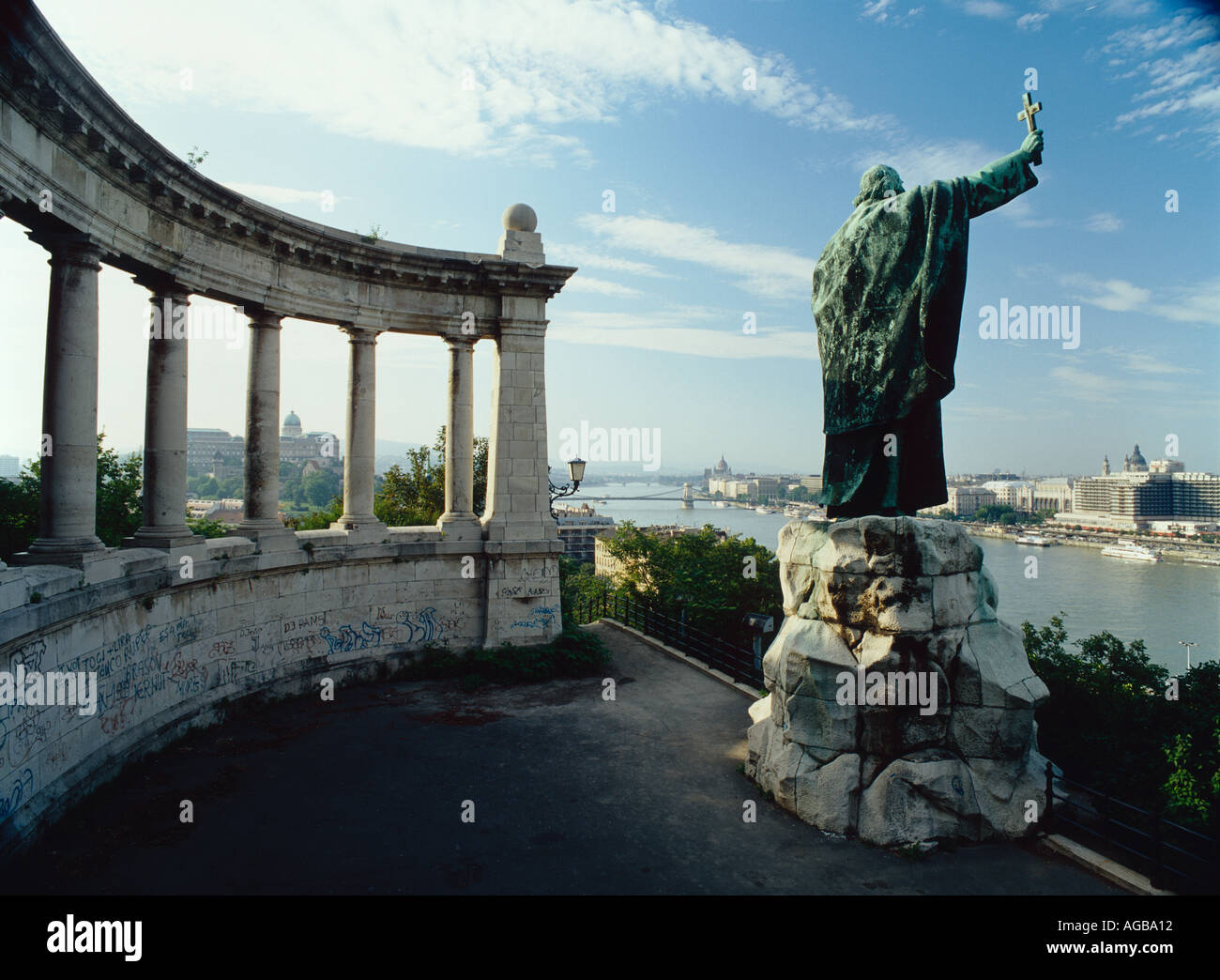 Gellert Monument overlooking Budapest and the river has the bronze ...
