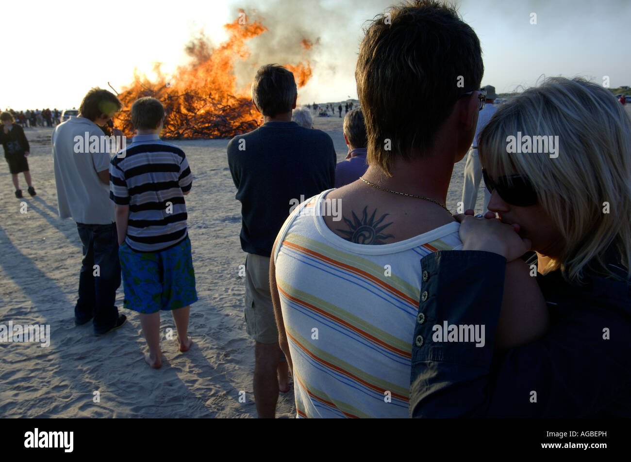 Denmark Fano the traditional midsummer night bonfire held on the beach ...