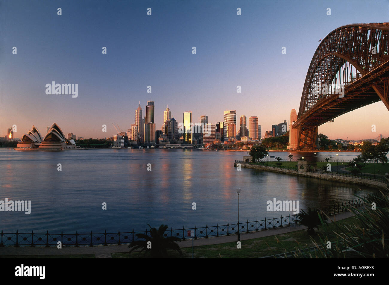 A view at dawn of the Sydney city skyline of high rise office buildings ...