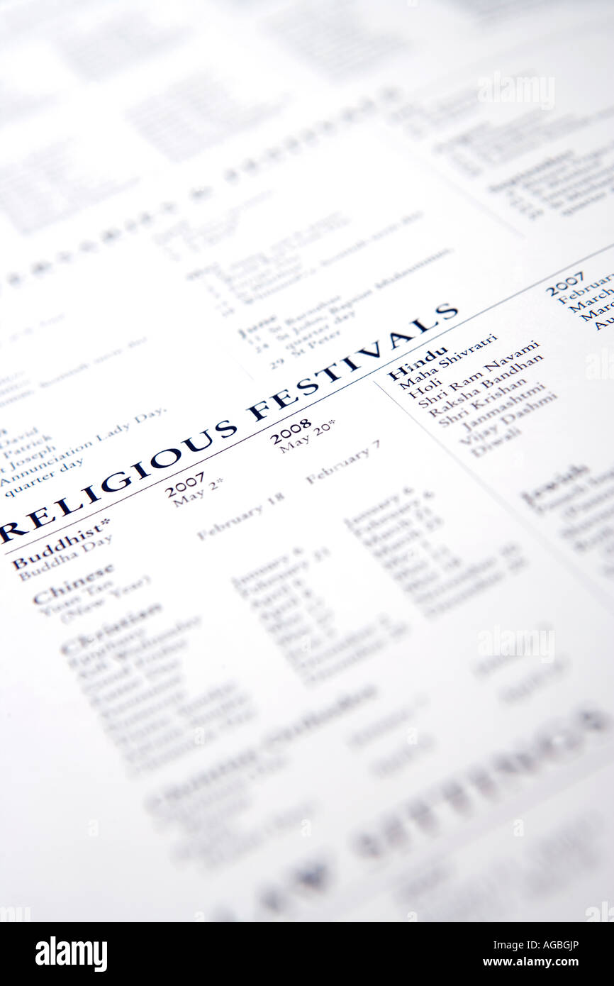 Religious festivals diary Stock Photo - Alamy