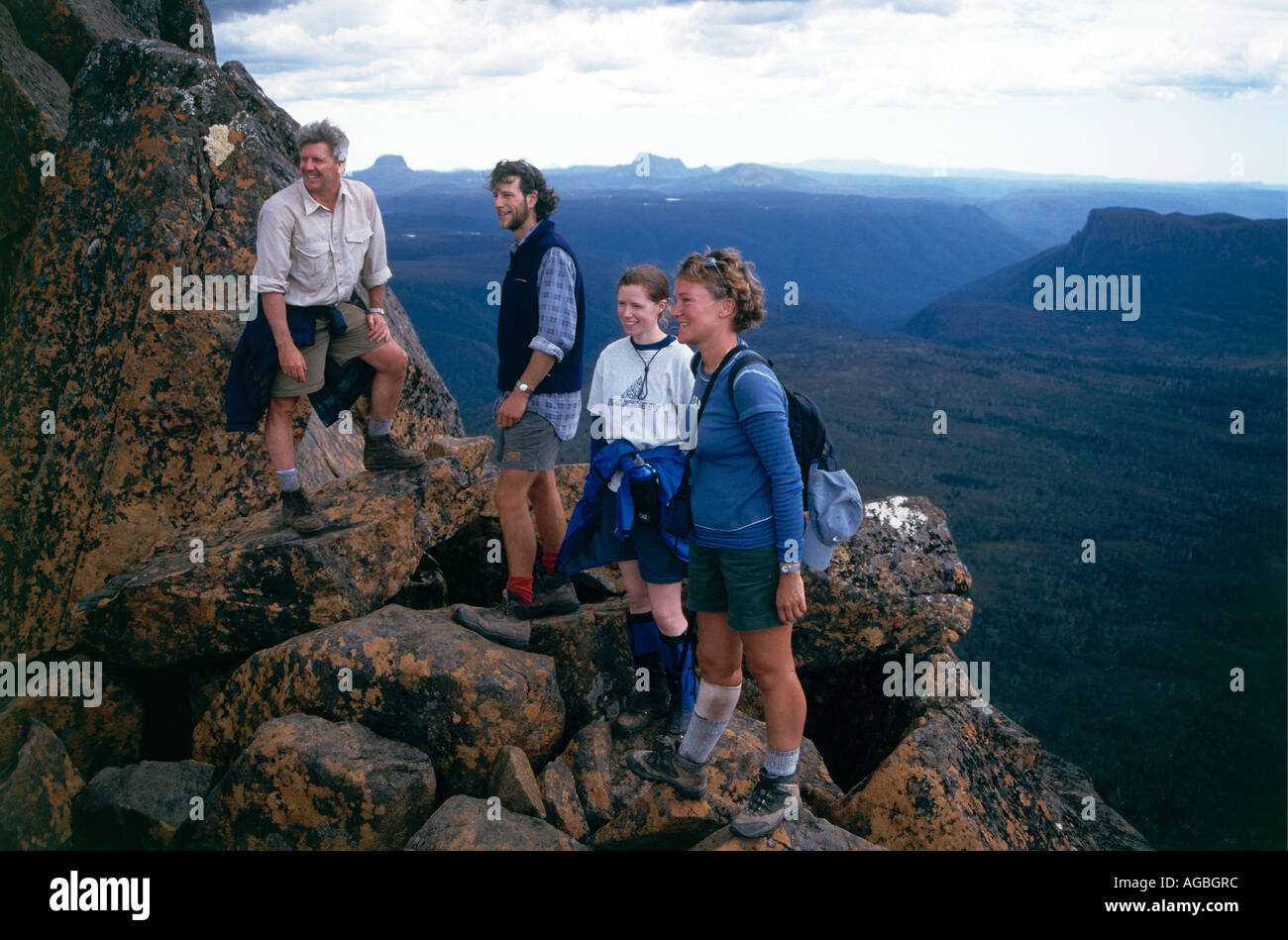 Group of people standing on the summit of Mt Ossa with a wonderful view ...