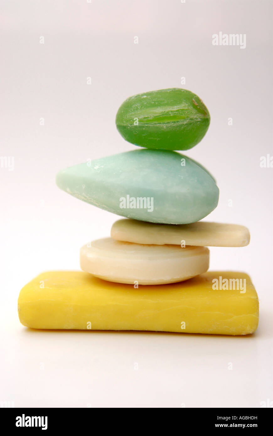 Arrangement features five soap bars of different shapes and colors ...
