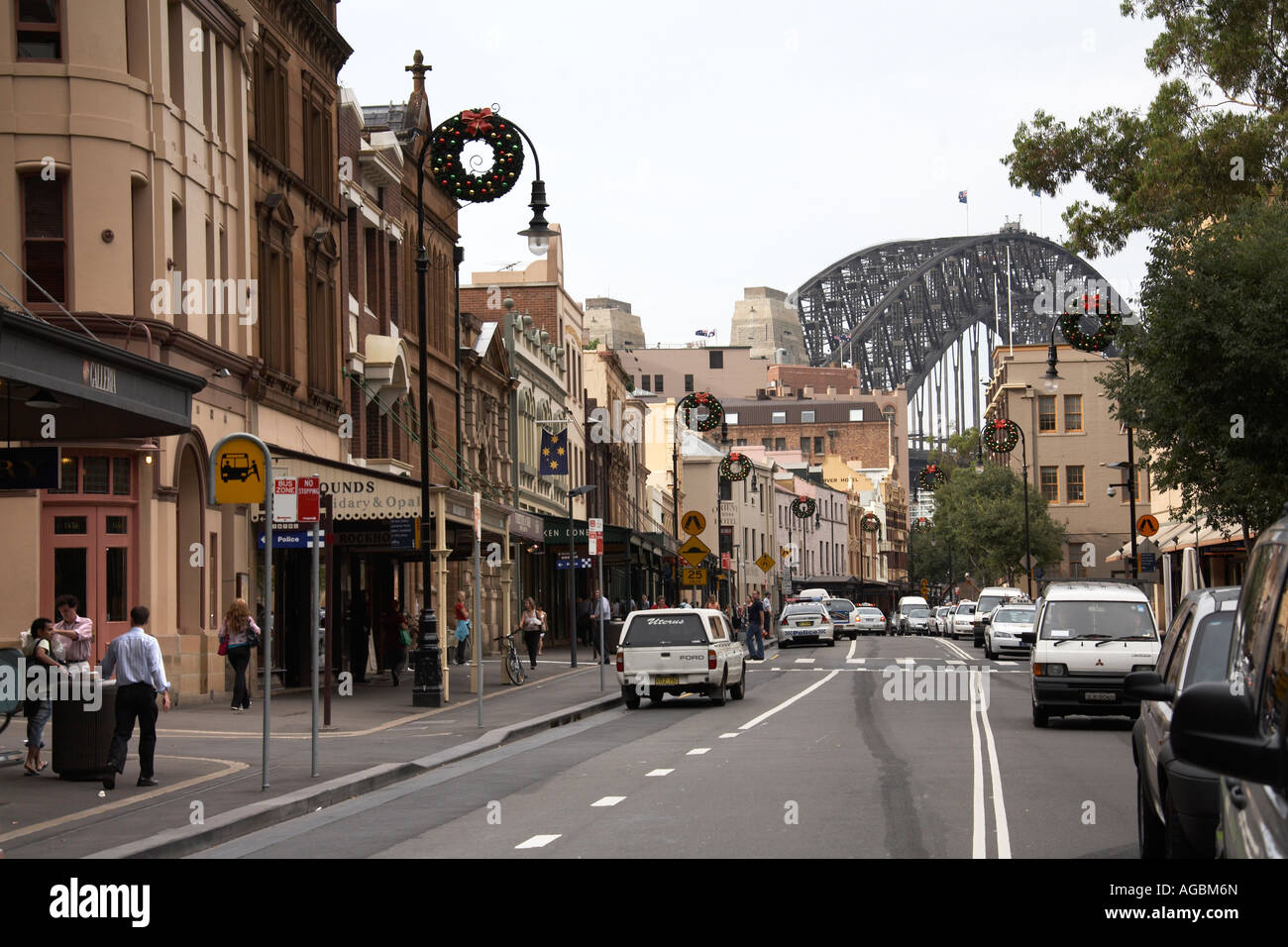 Old historic buildings and traffic on George St in the Rocks area of ...