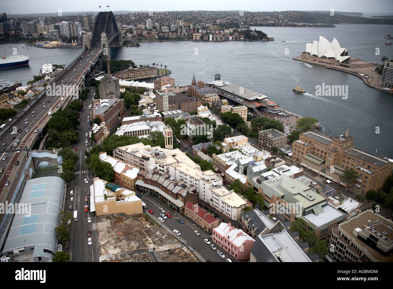 High level oblique aerial view of Harbour Bridge The rocks area and ...