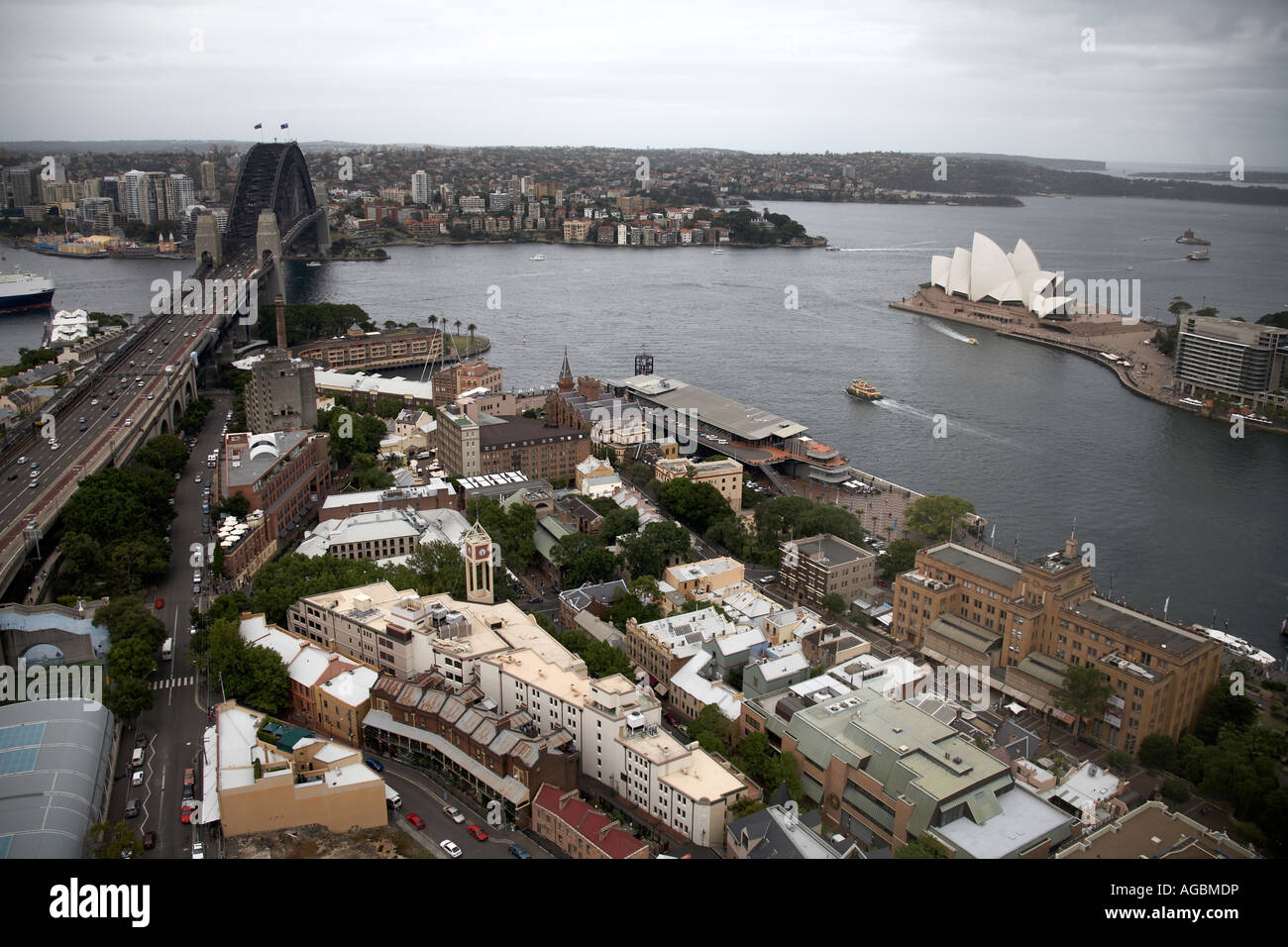 High level oblique aerial view of Harbour Bridge The rocks area and ...
