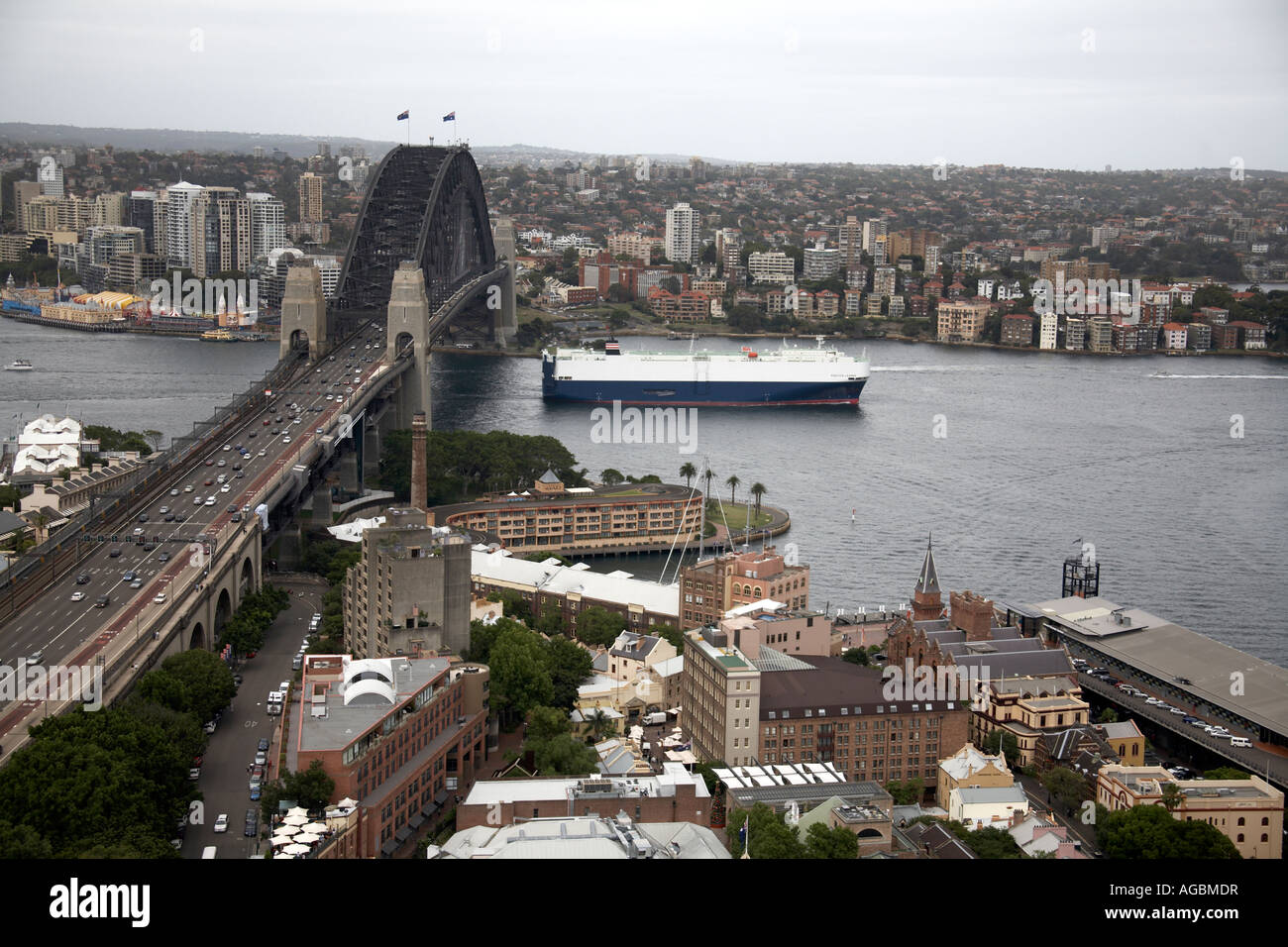 High level oblique aerial view of Harbour Bridge The rocks area and ...