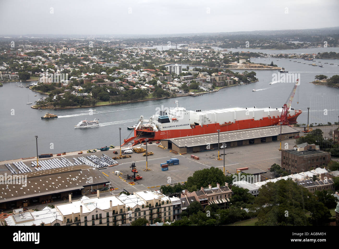 High level oblique aerial view of Darling Harbour with merchant ship in ...