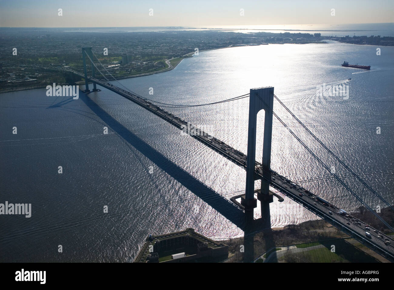 Aerial view of New York City s Verrazano Narrow s bridge with ship ...