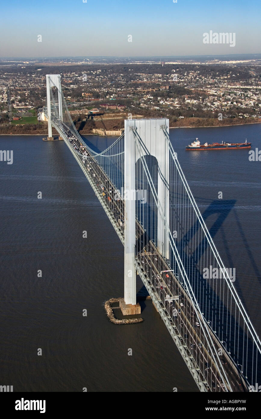 Aerial view of New York City s Verrazano Narrow s bridge with tanker ...
