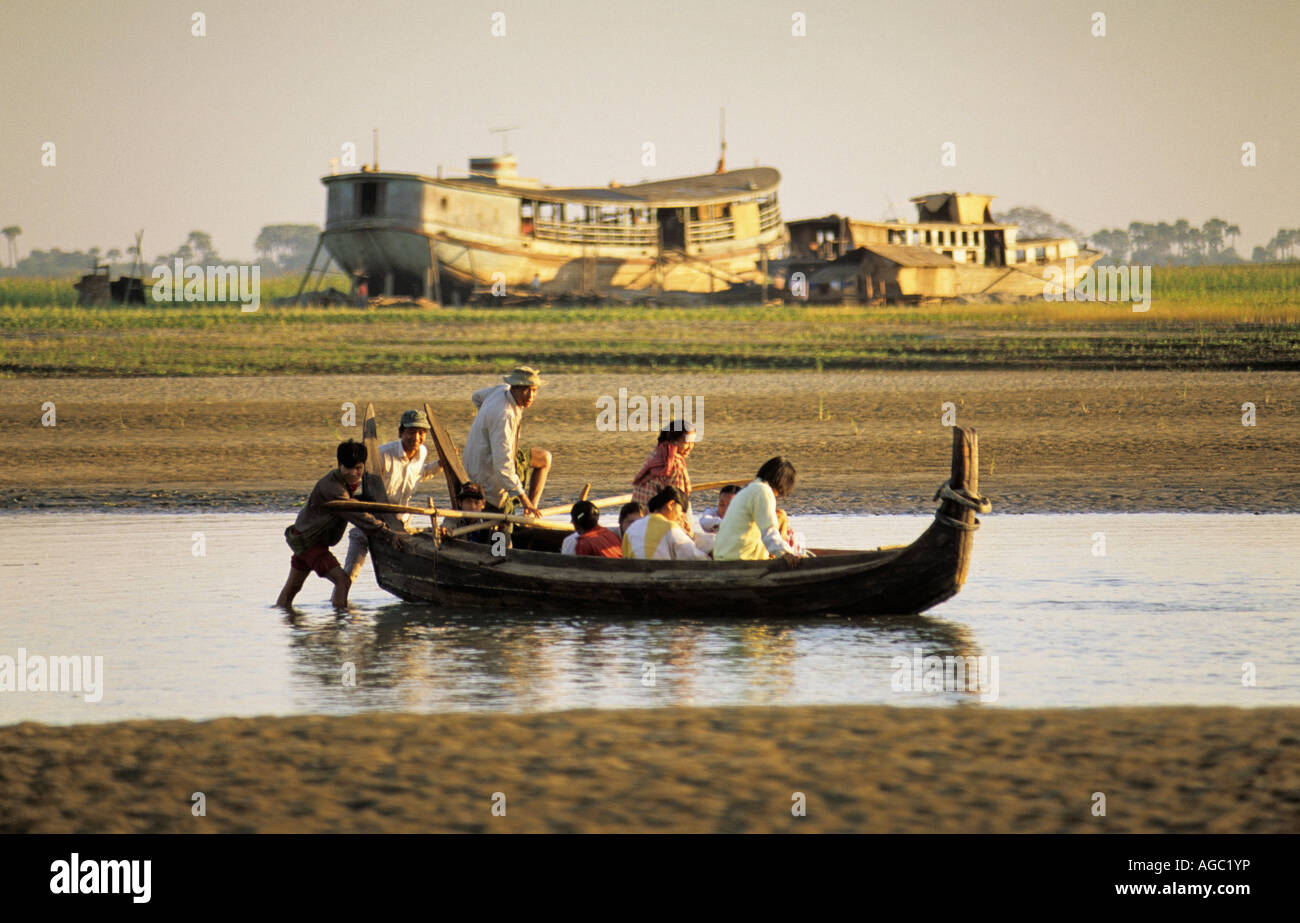 Myanmar, Bagan, People traveling in boat in Ayeyarwady river Stock ...