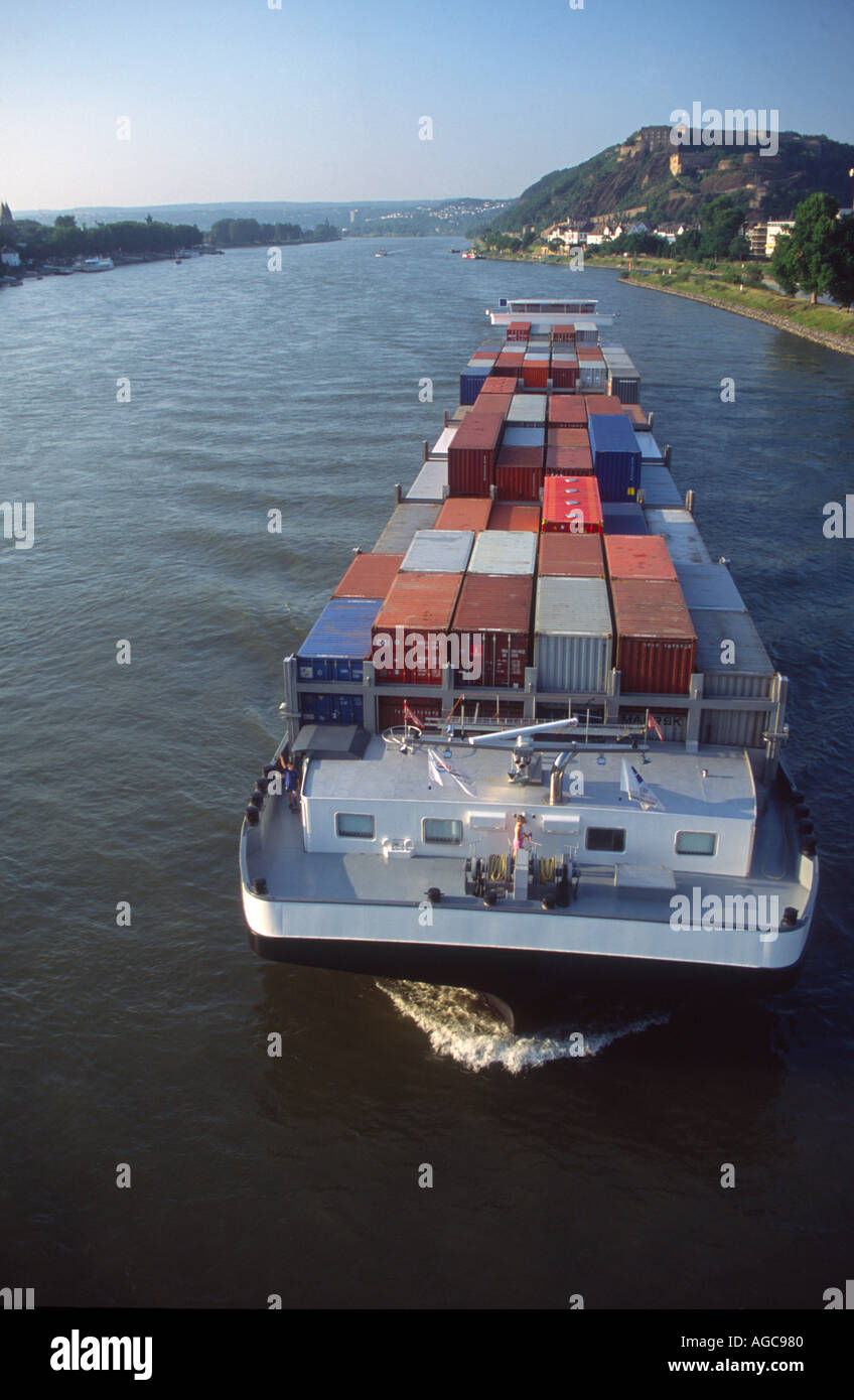 A barge loaded up with containers on the Rhine in Koblenz or Coblence ...