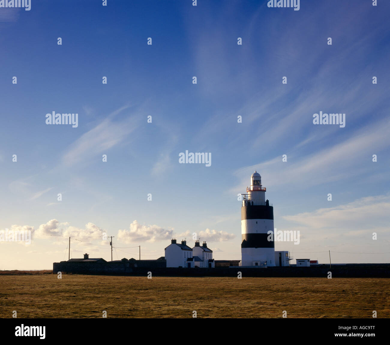 a black and white striped lighthouse and the surrounding field area ...