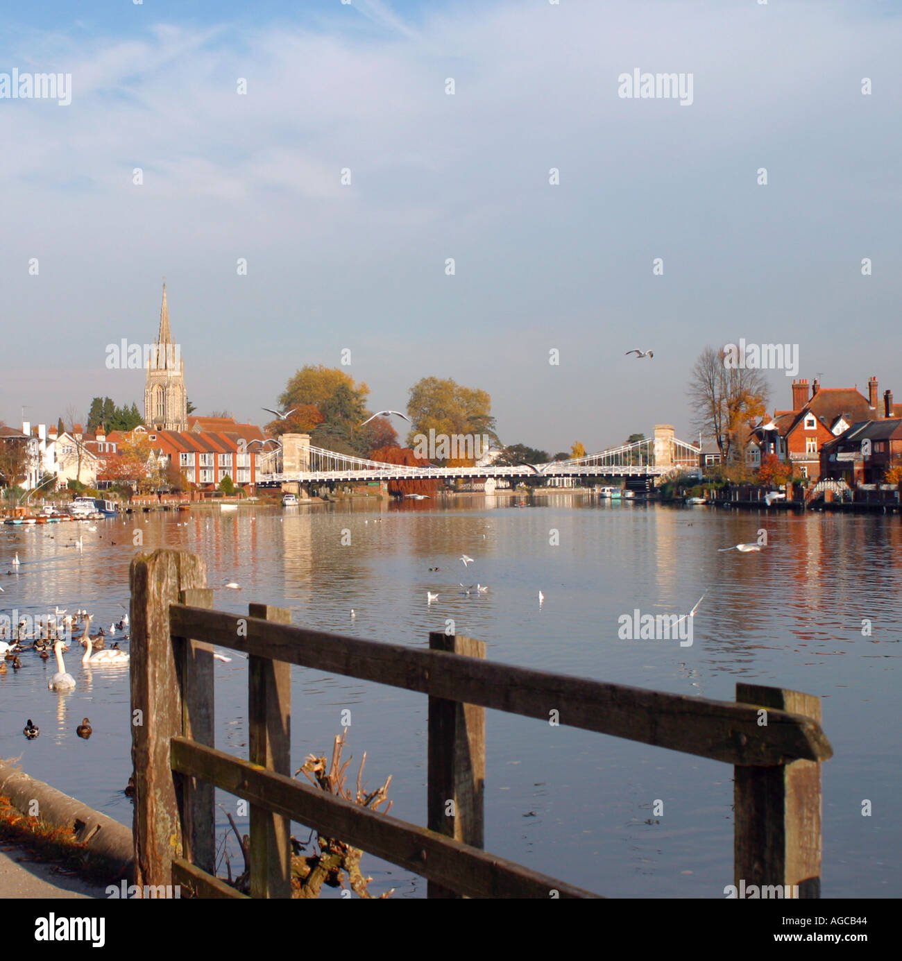 The Church and historic suspension bridge, River Thames, Marlow ...