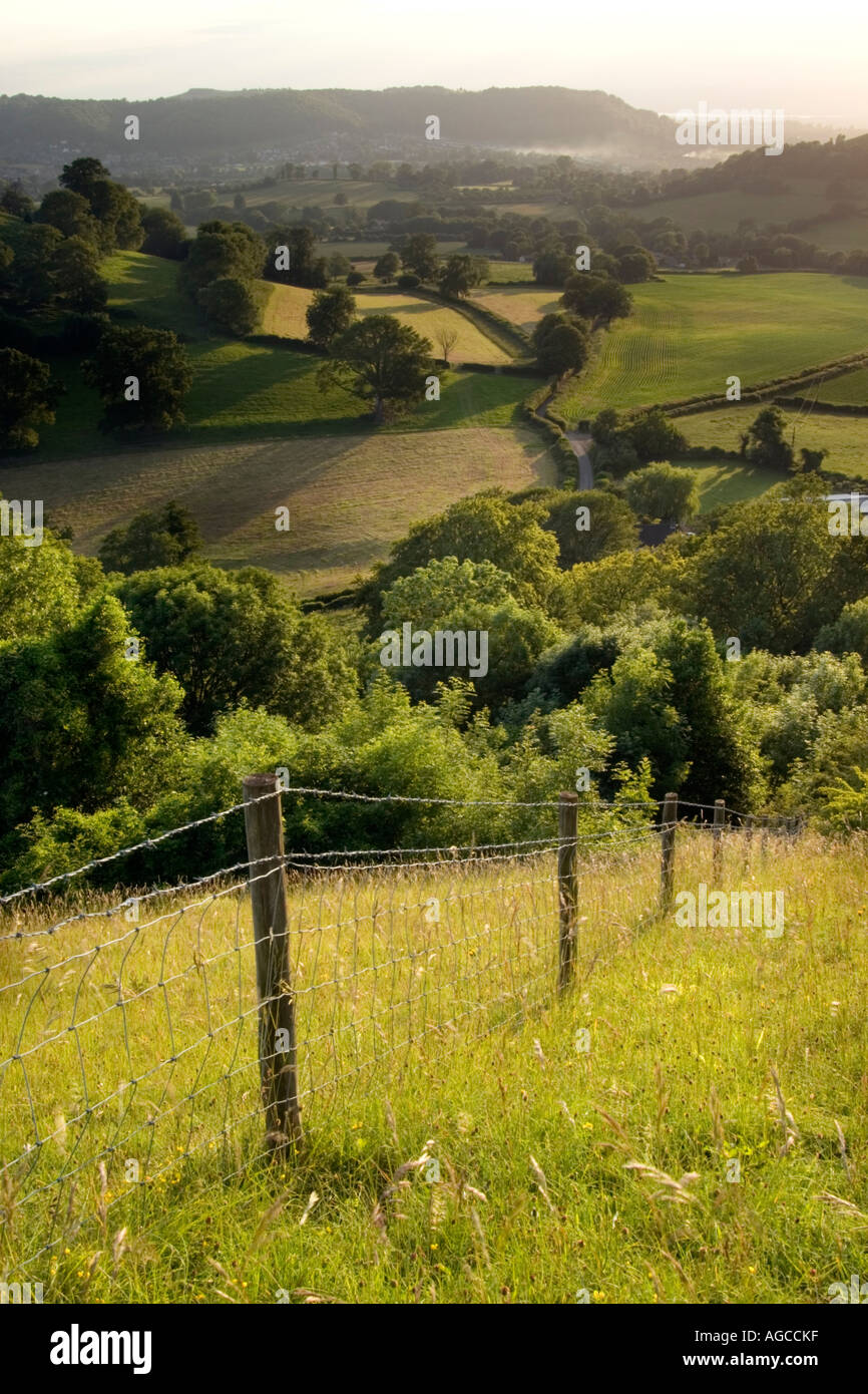 view from Uley Bury of fence post and Downham Hill green fields in ...
