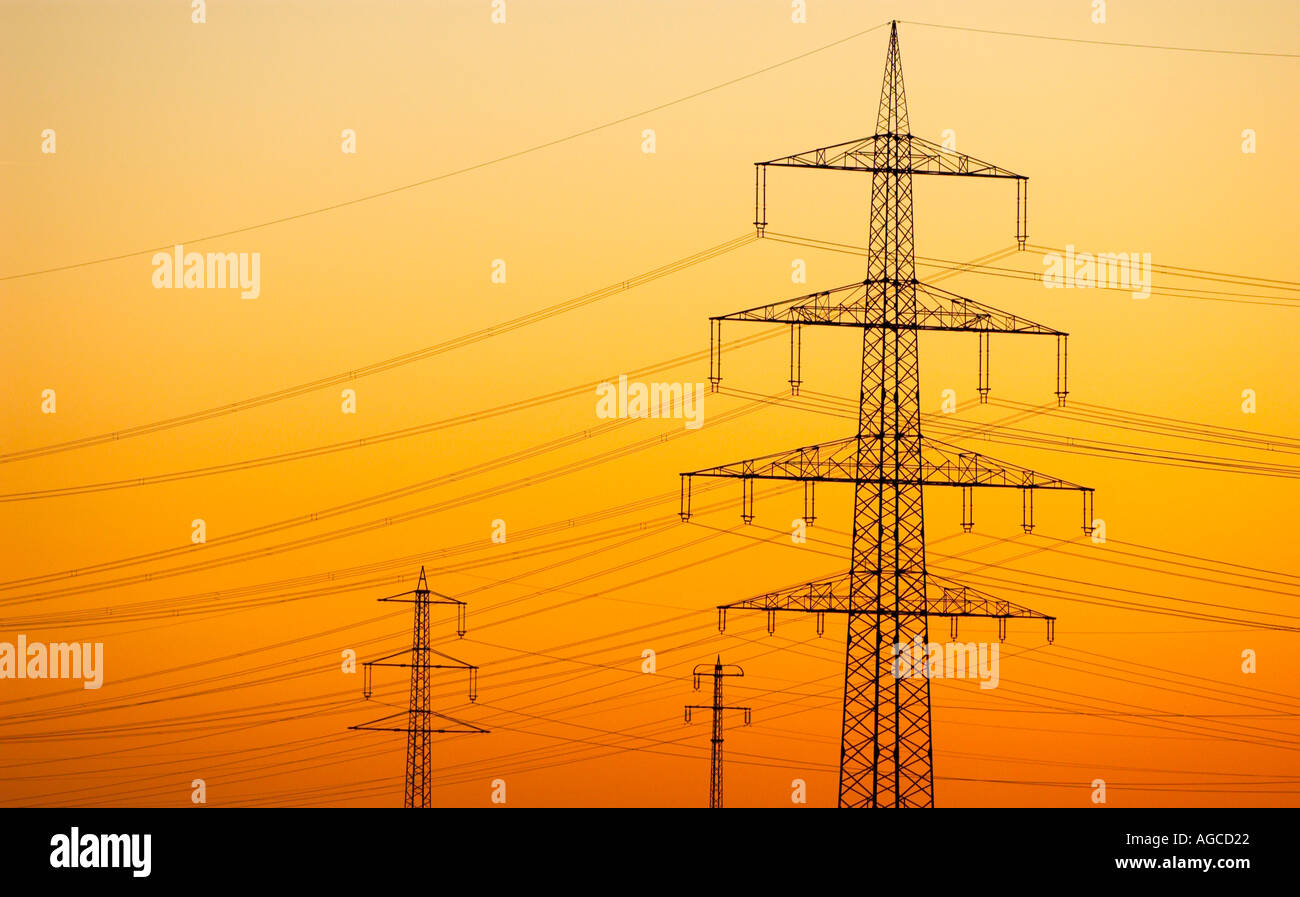 powerlines at dusk in Germany Stock Photo - Alamy