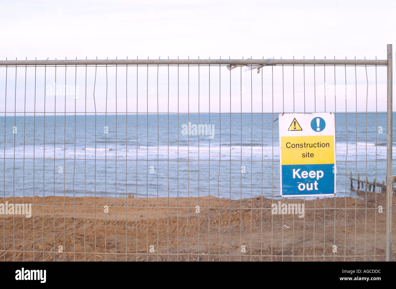 FENCE AND SIGN ON THE CLIFF TOP HAPPISBURGH NORFOLK EAST ANGLIA ENGLAND ...