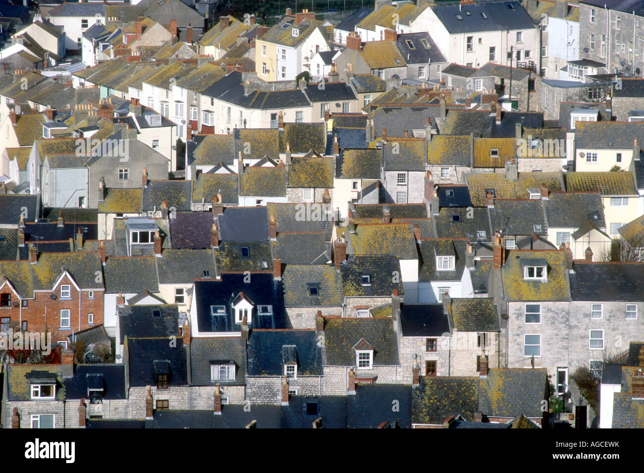 View over Victorian Portland stone terraced cottages Fortuneswell Isle ...