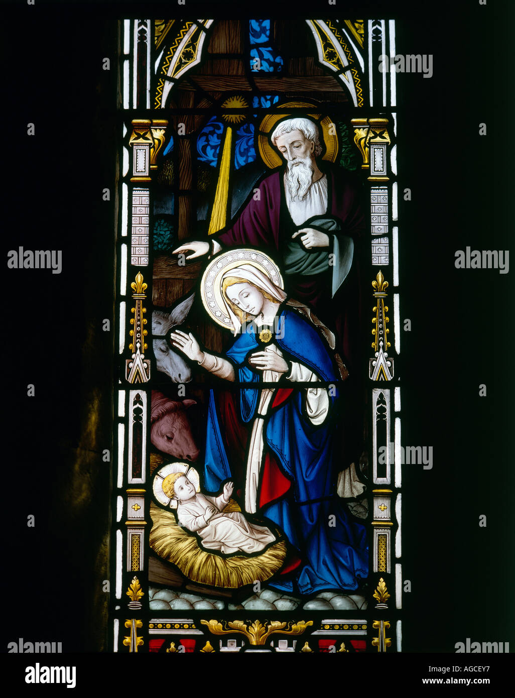 A view of a nativity scene in one of the stained glass windows in ...