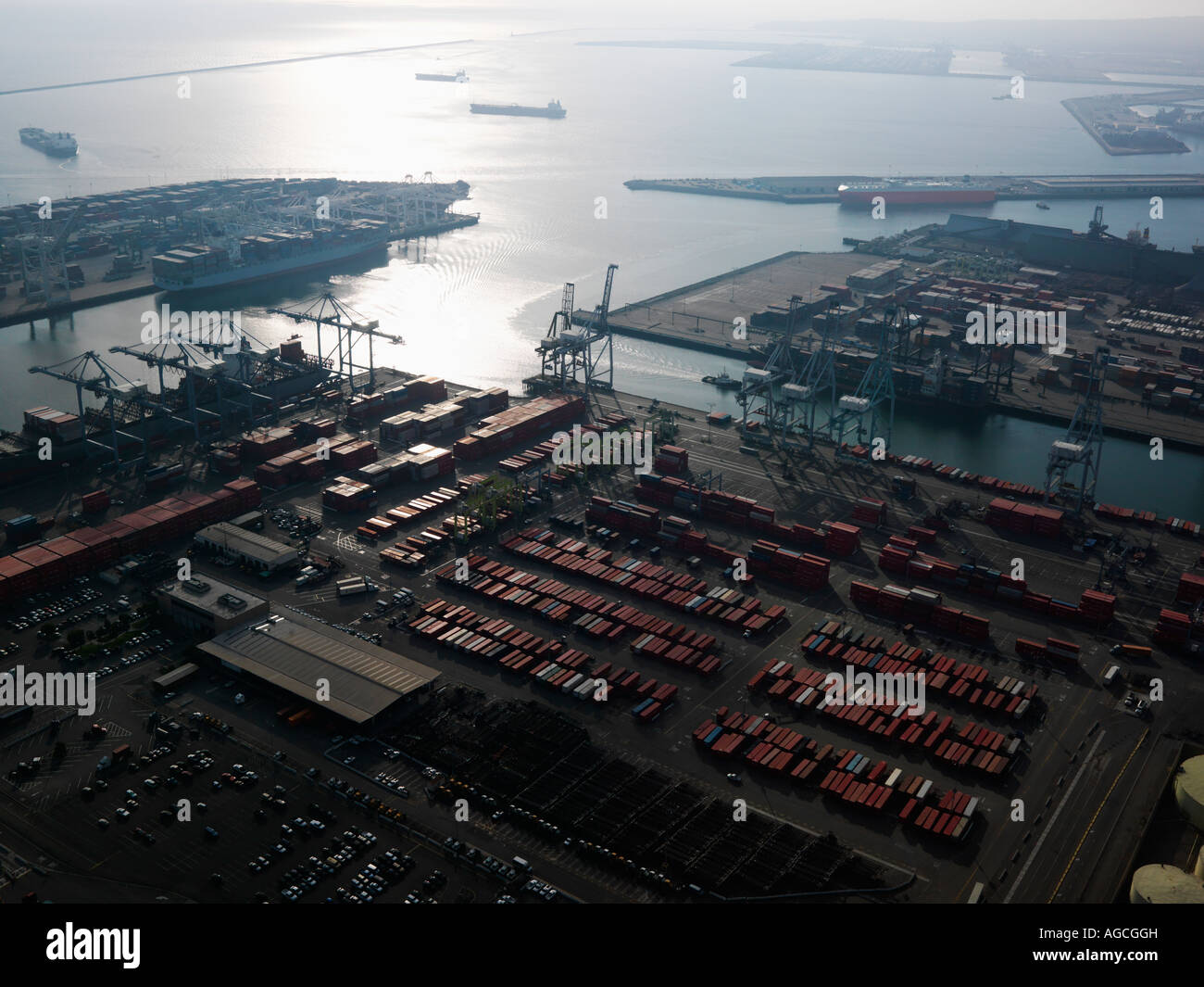 Aerial view of dock with cargo containers for shipping in Los Angeles ...