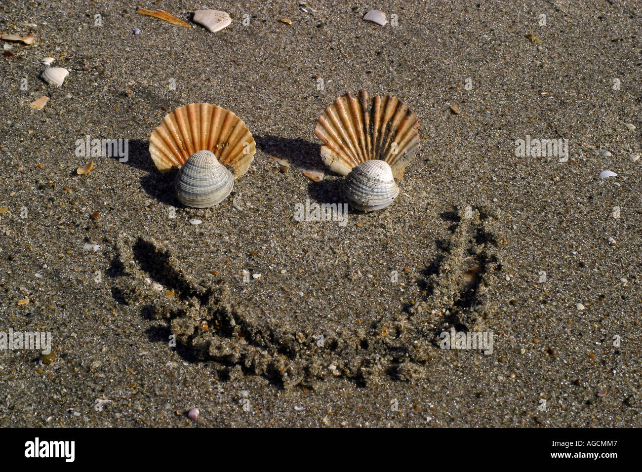 Happy face in the sand with shells Stock Photo - Alamy