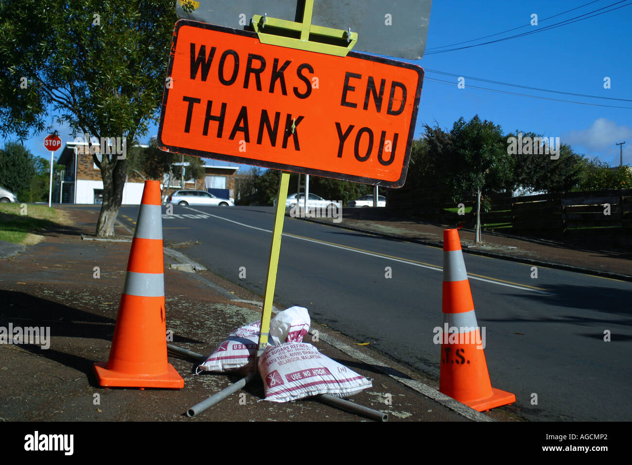 Works end thank you road sign Stock Photo - Alamy
