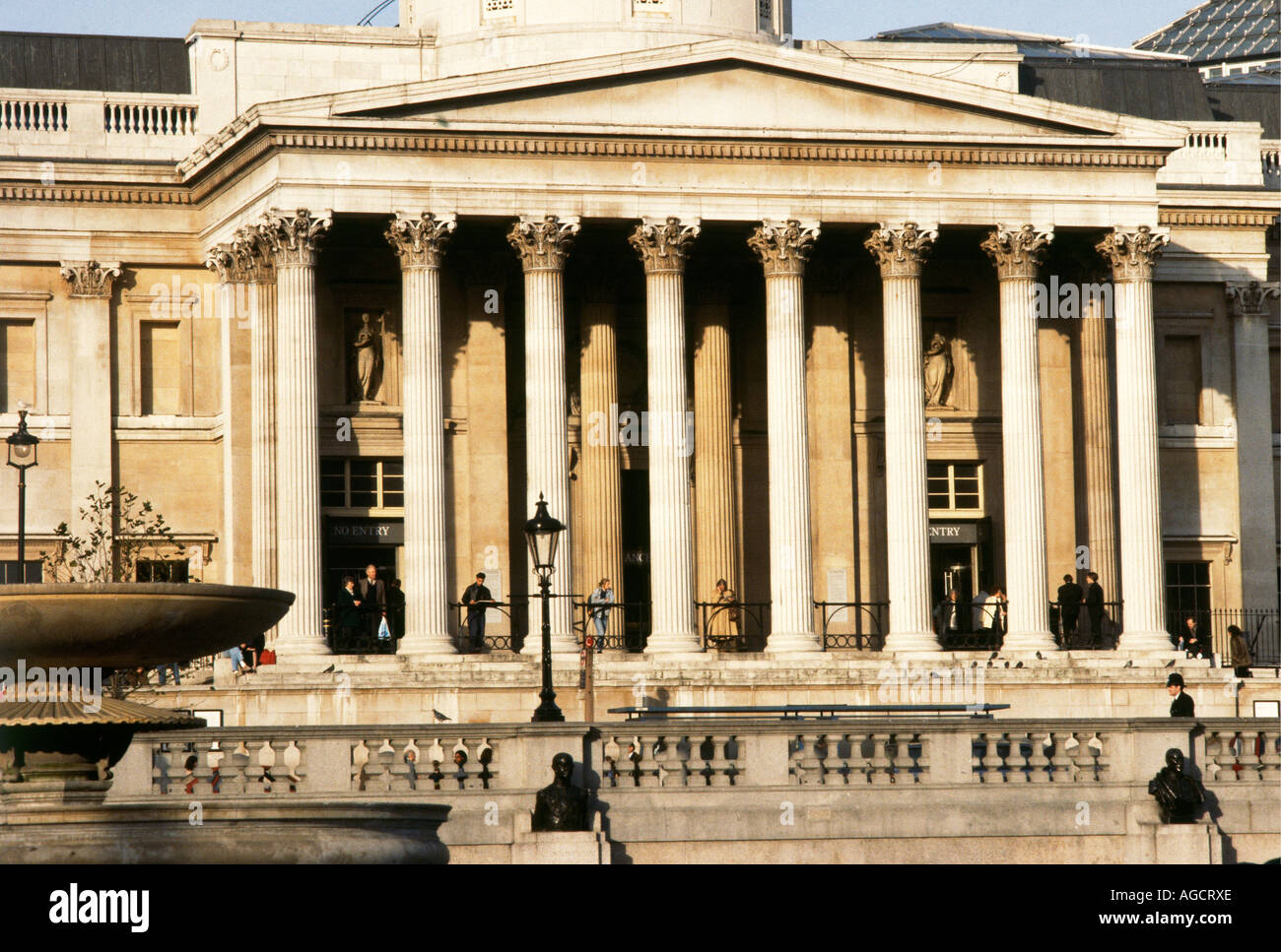 The columned front of the National Gallery in Trafalgar Square London ...