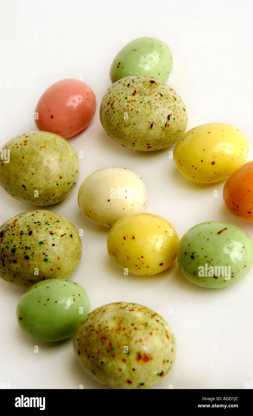 A variety of decorative eggs in different colors and patterns are ...