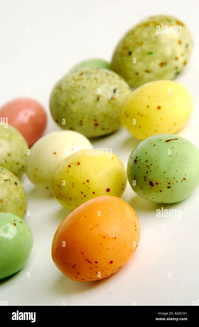 A variety of decorative eggs in different colors and patterns are ...