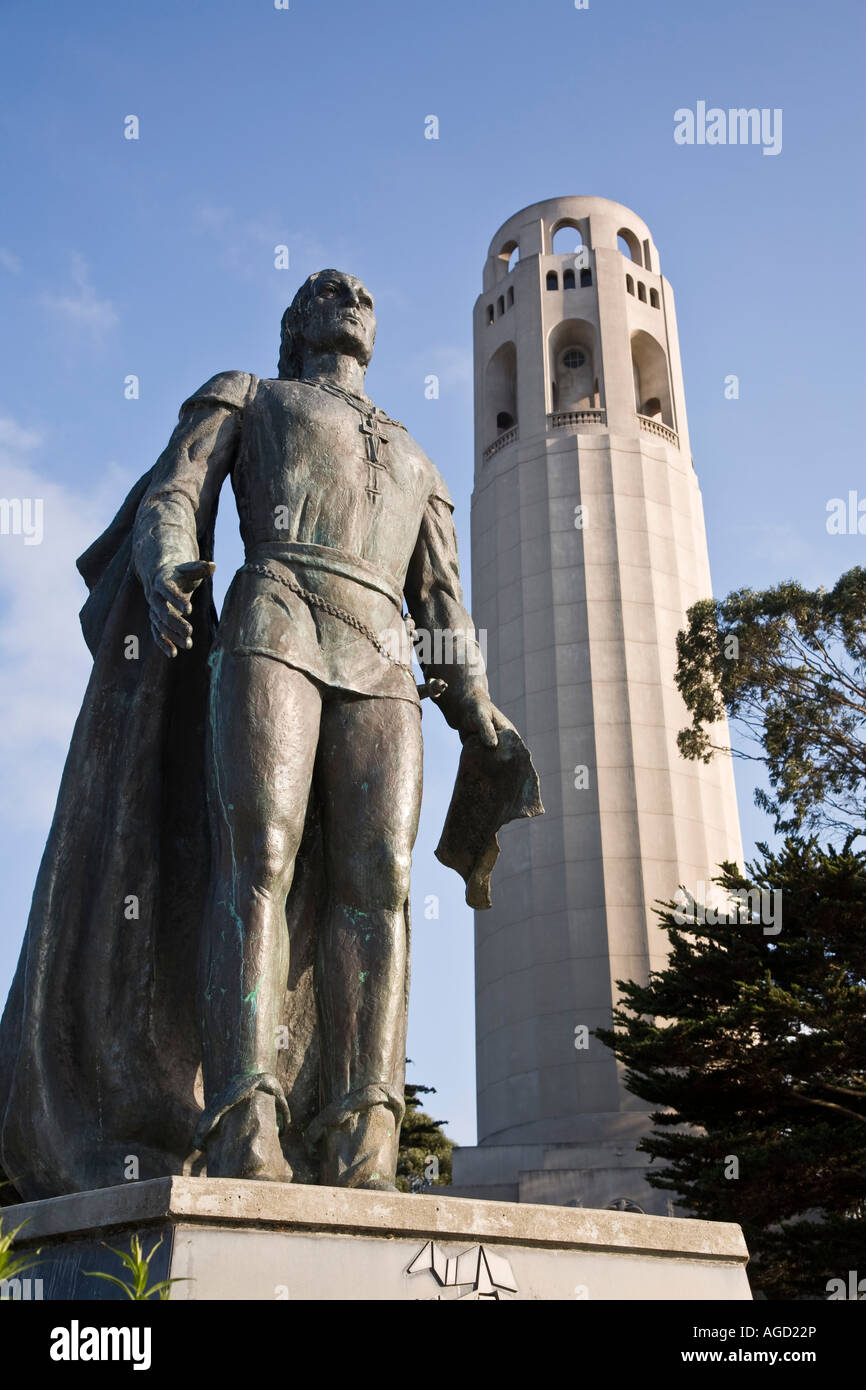 Christopher Columbus statue and Coit Tower Telegraph Hill San Francisco ...