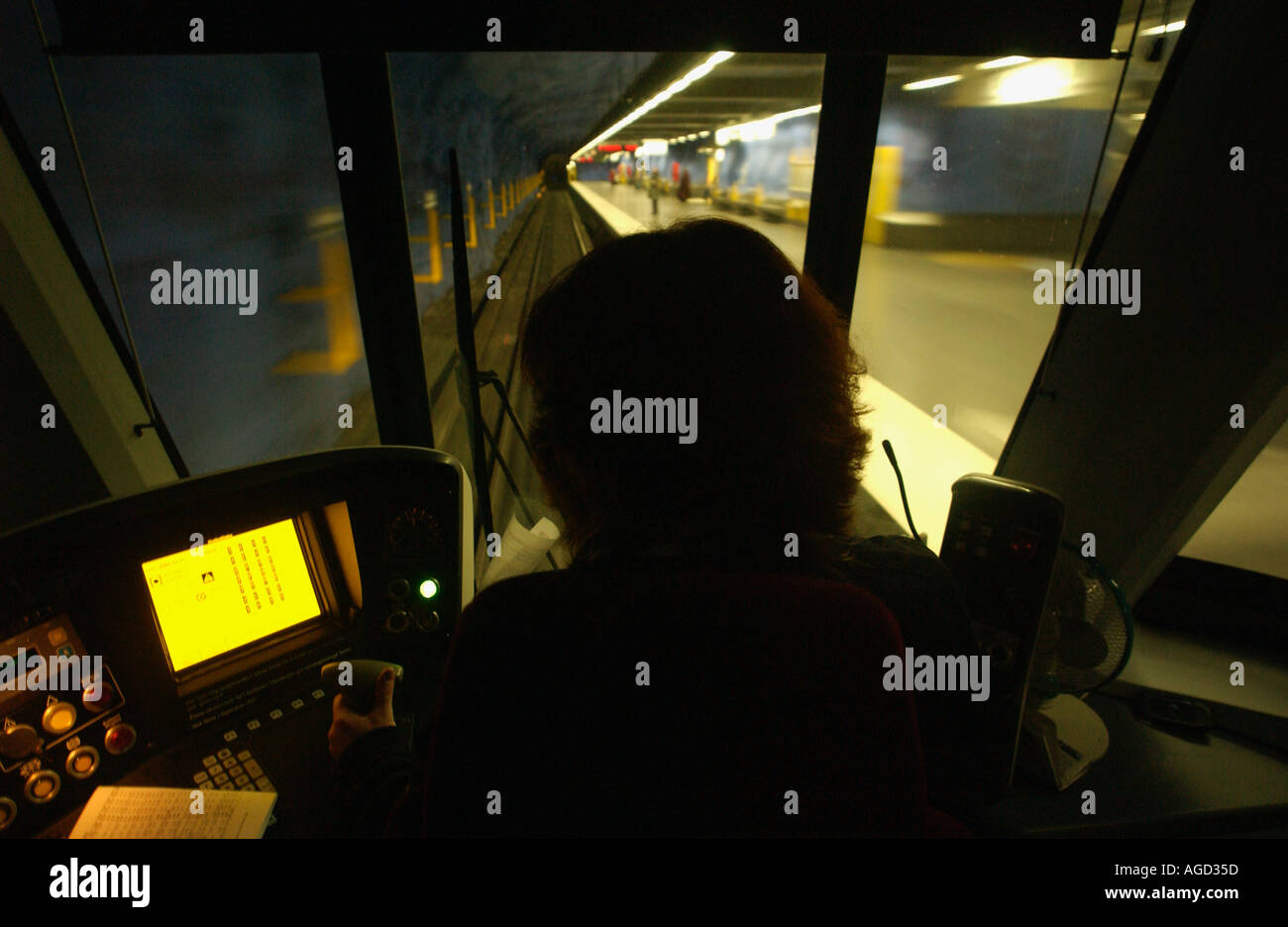View from the drivers cab of an underground train in Stockholm Sweden ...