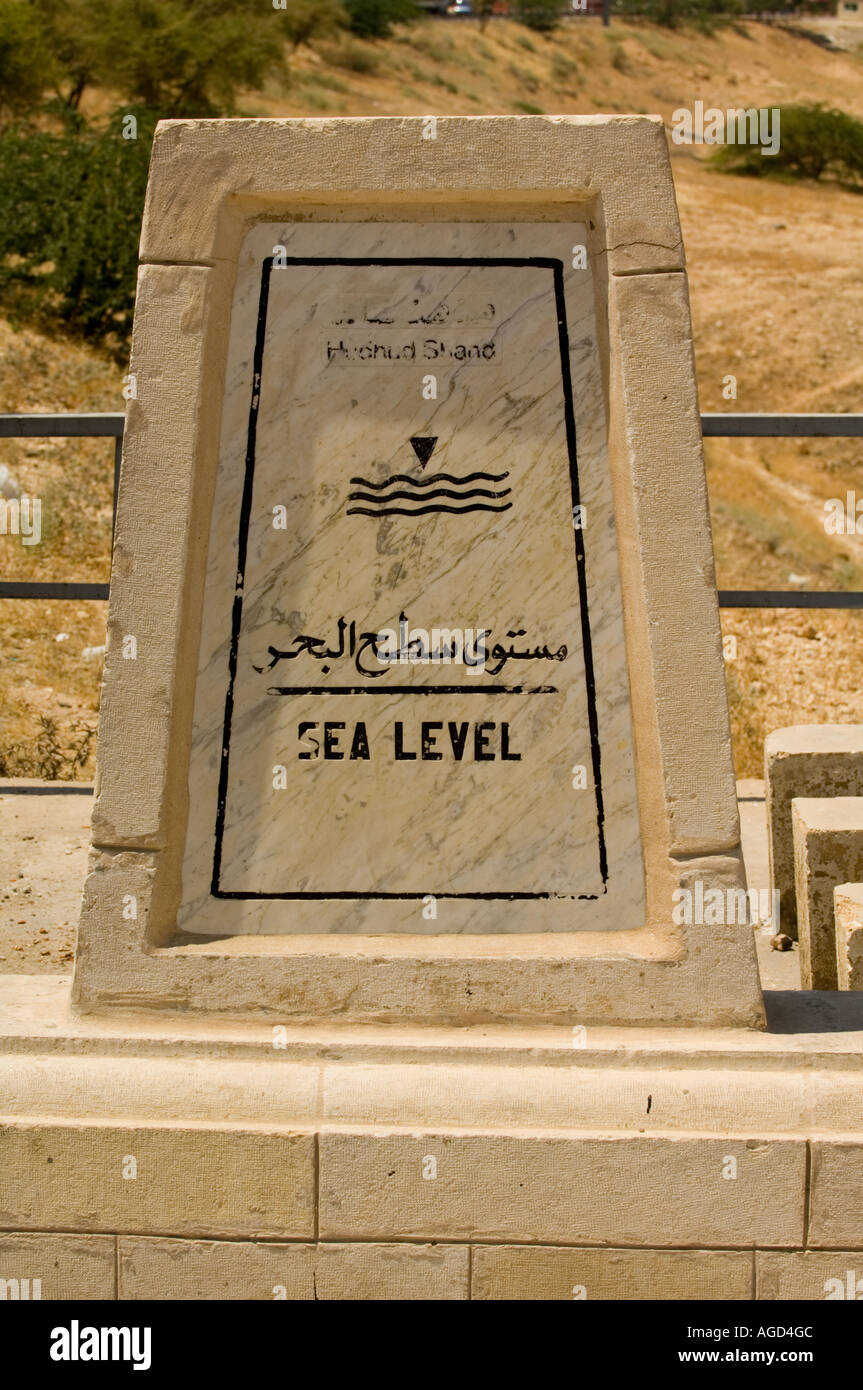 Sign marking the sea level on the road to The Dead Sea, the lowest ...