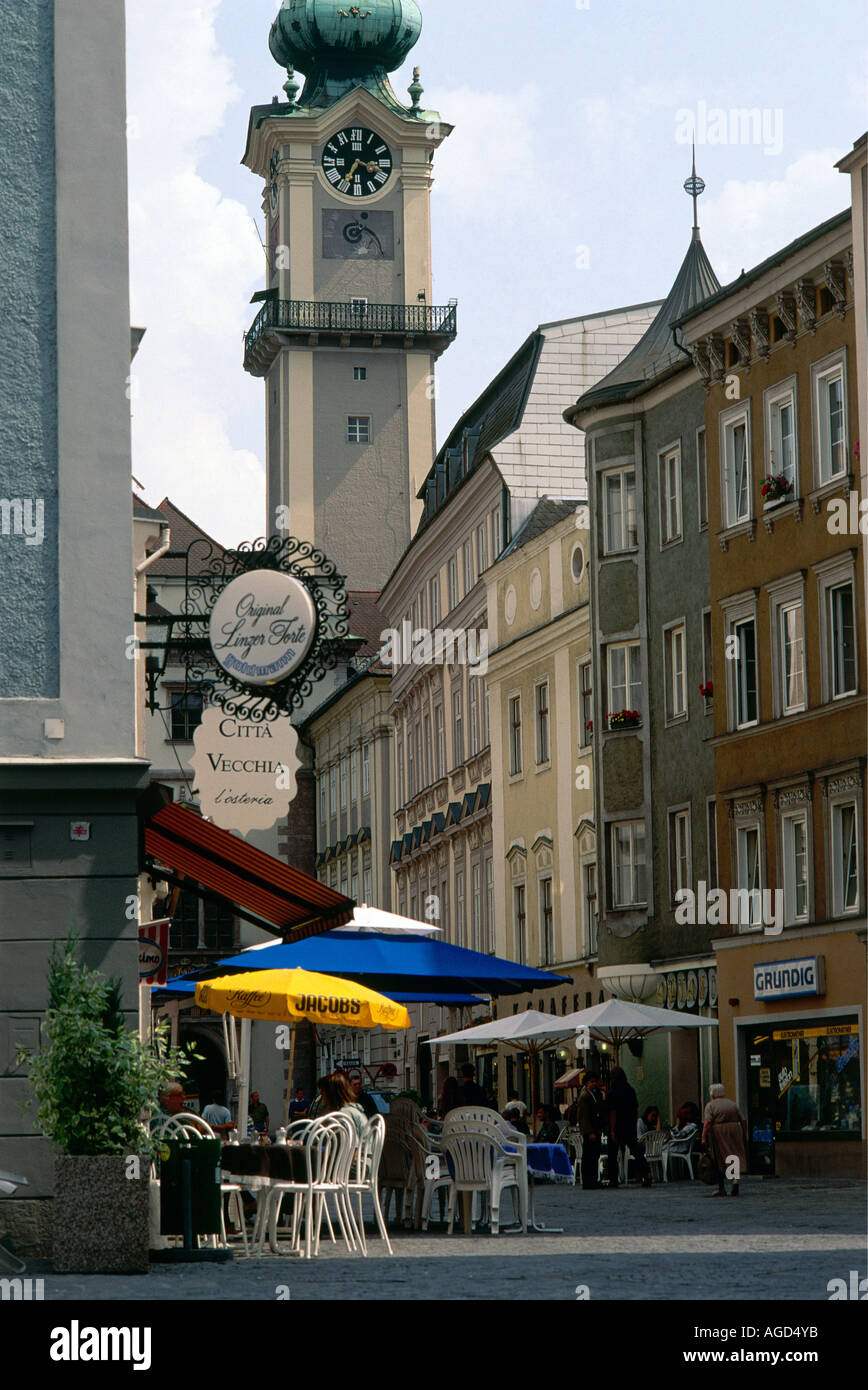 Cafe on the corner of a street in Linz showing some of the Baroque ...