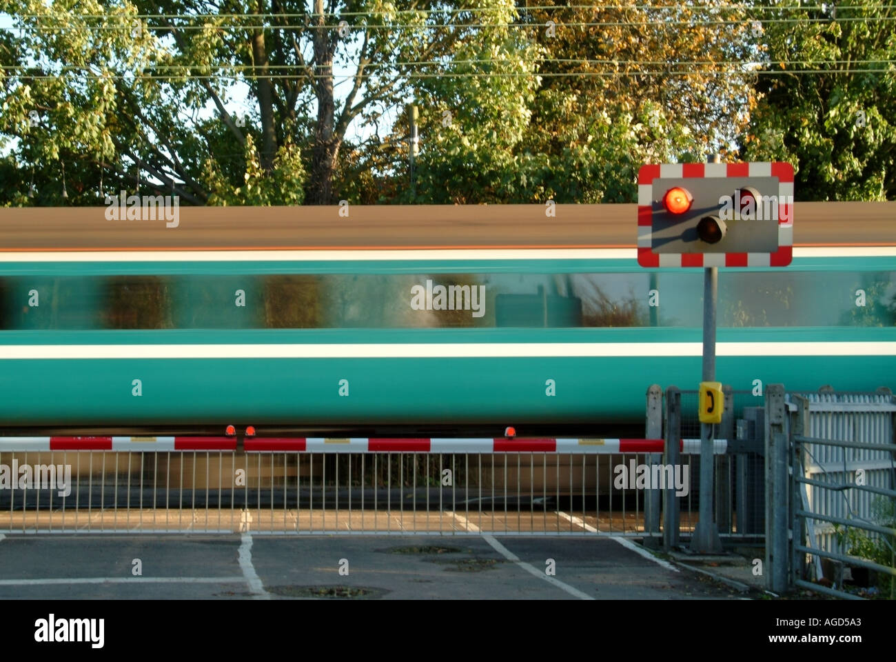 Railway tracks red flashing warning light sign level crossing barrier ...