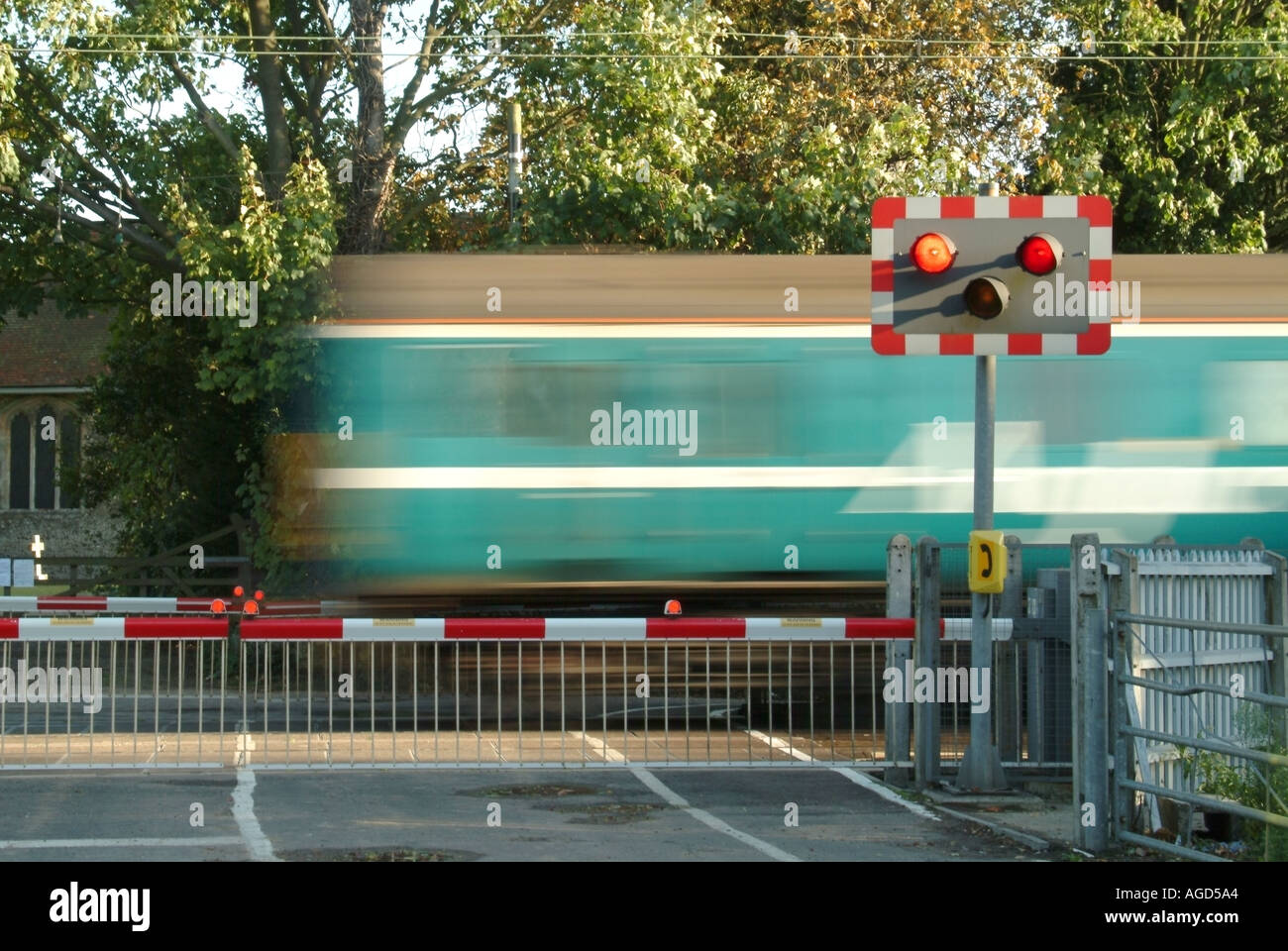 Railway tracks red flashing warning light sign level crossing barrier ...