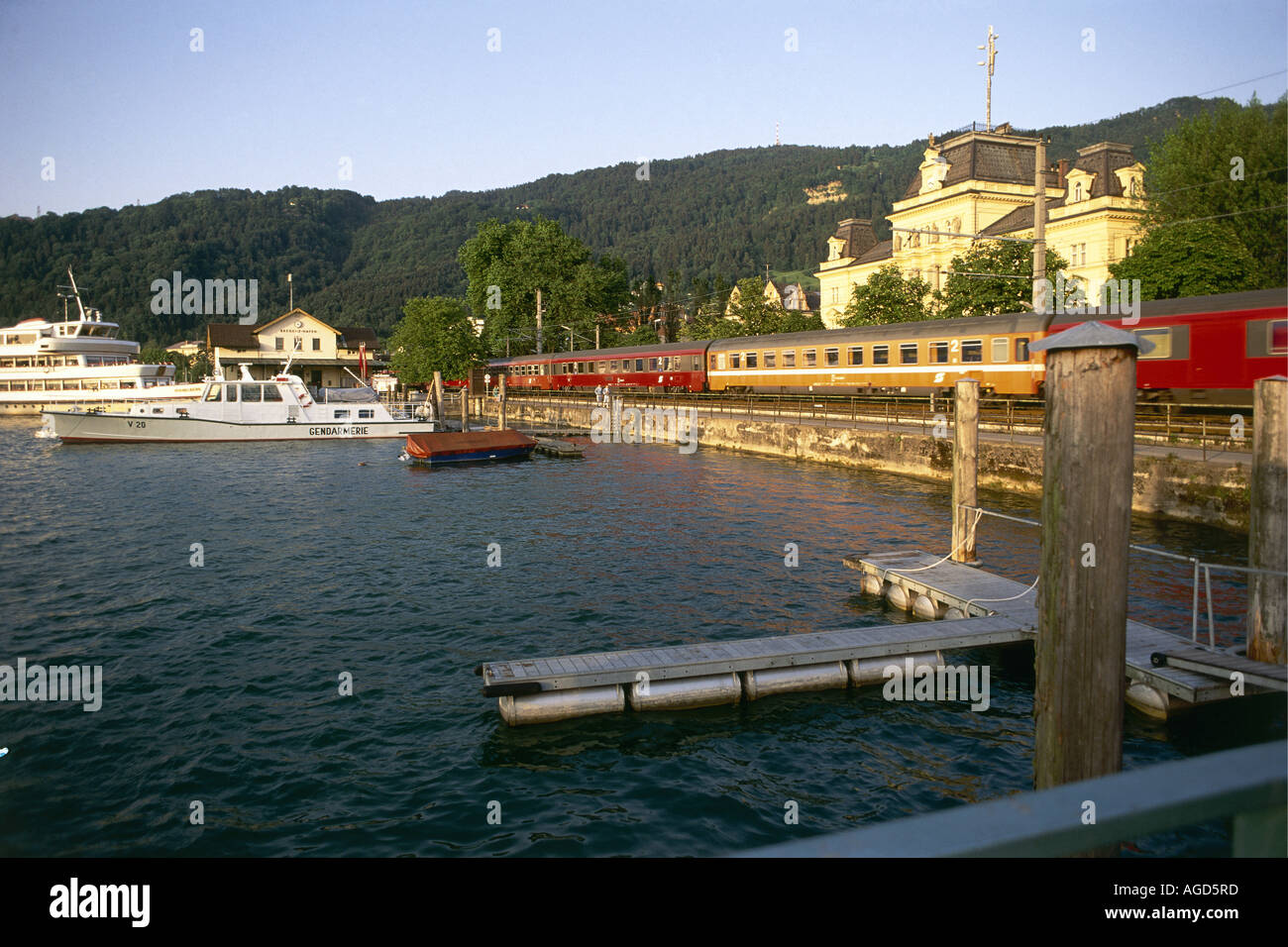Railway running alongside the lake at Bregenz population 27 000 the ...