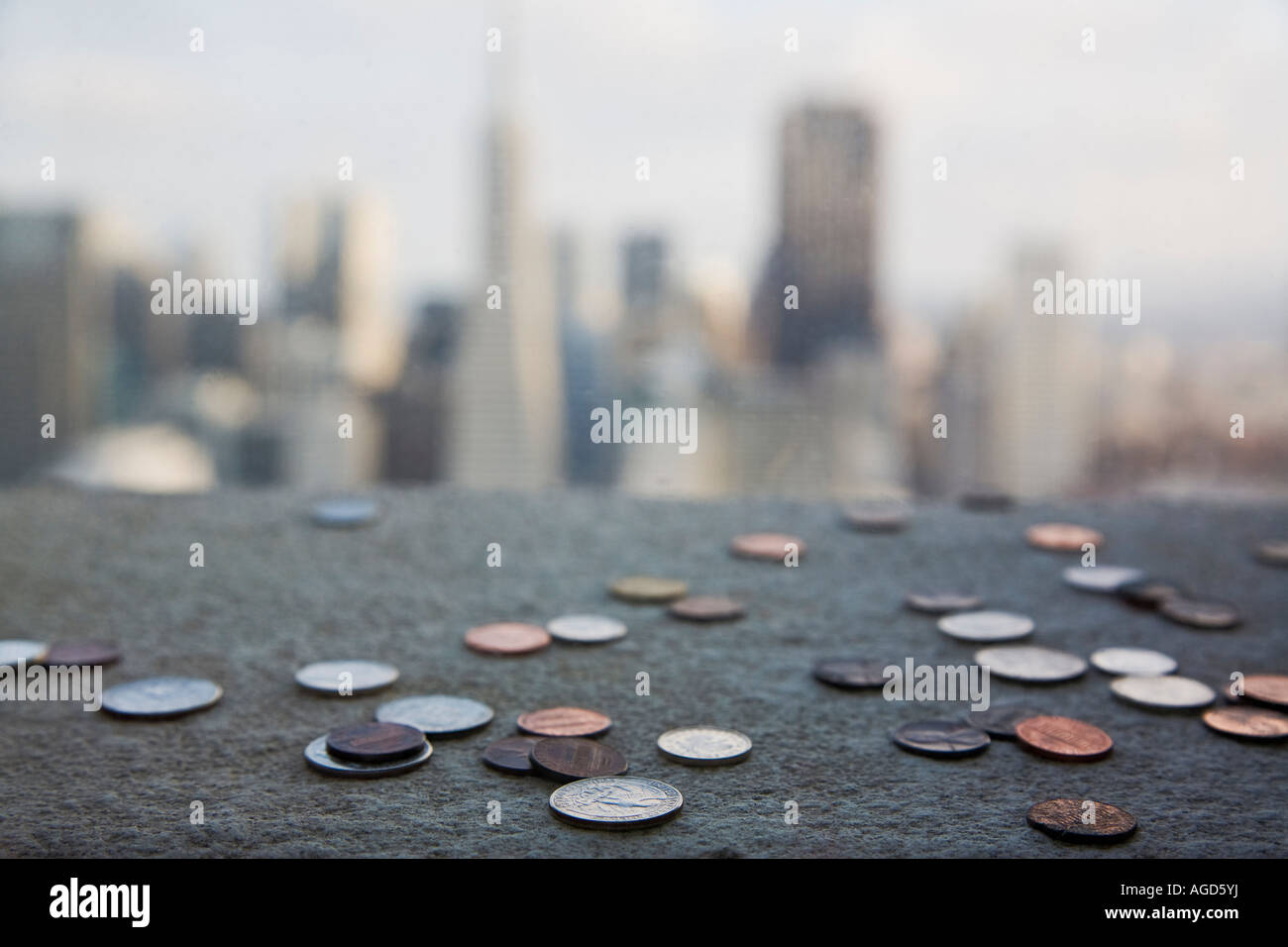Tourist coins on window ledge with Transamerica and San Francisco, CA ...