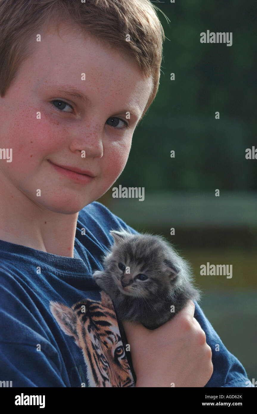 A Boy Holding A Kitten Stock Photo - Alamy