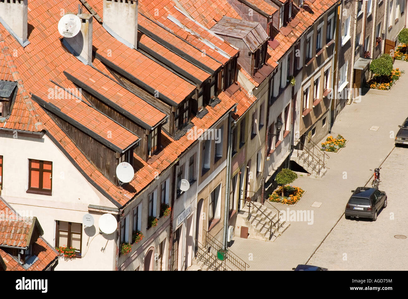 Red tiled rooftops of traditional houses in Reszel Rossel Warmia ...