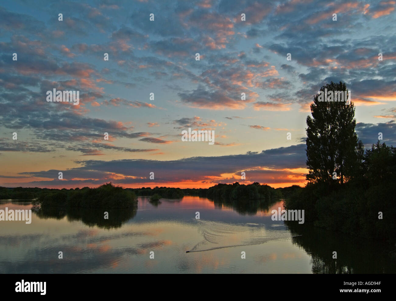 Sunset over Attenborough Nature Reserve near Nottingham England UK ...
