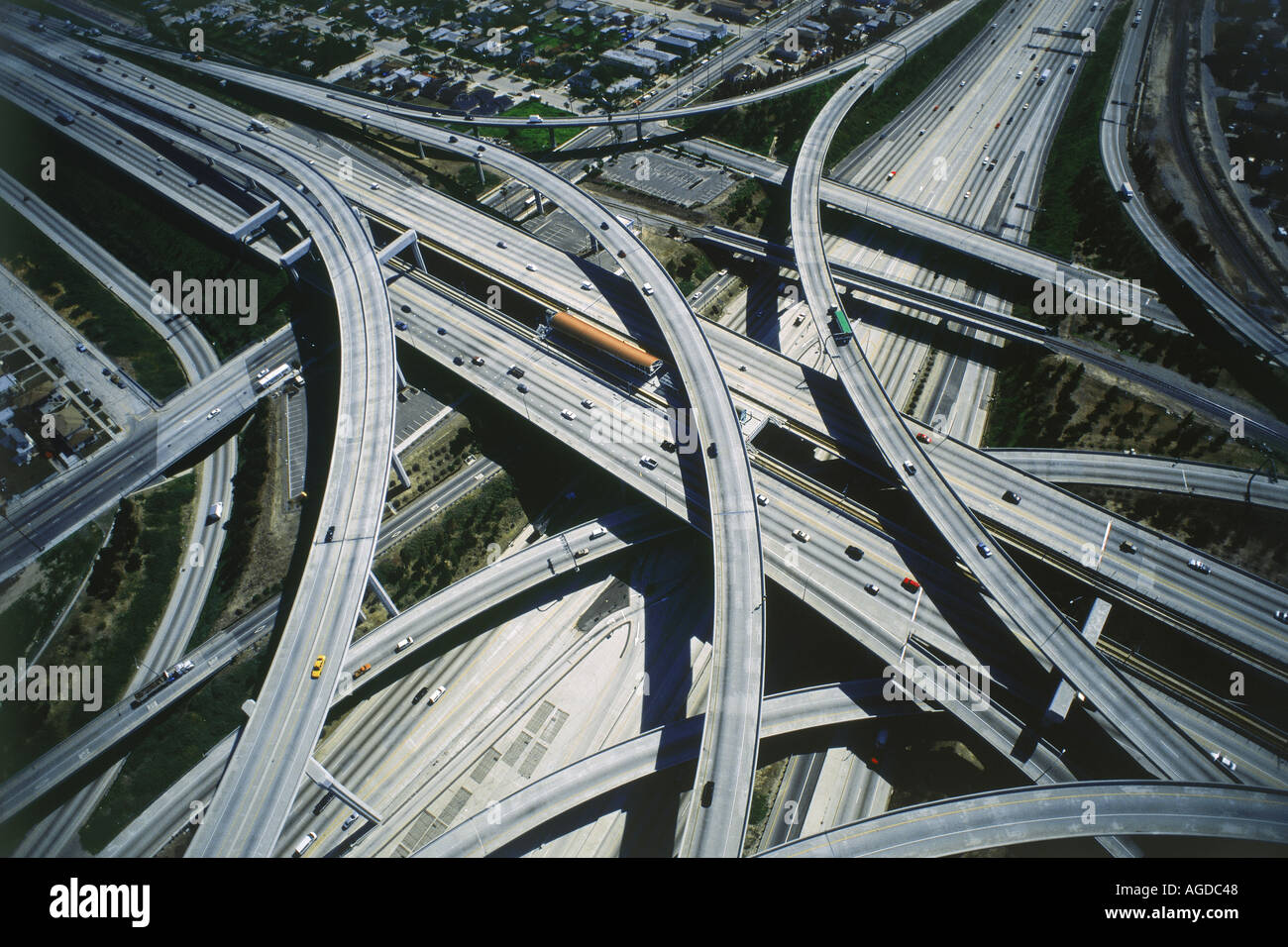 Aerial view of freeway interchange in Los Angeles looking like Stock ...